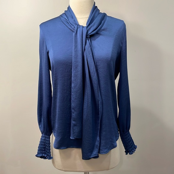 Anne Klein | Tops | Gorgeous Anne Klein Blue Satin Look Tie Blouse With Ruched Cuffs | Poshmark
